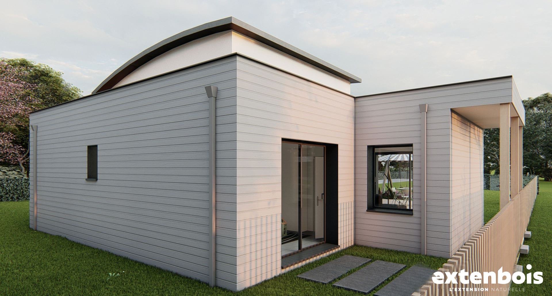 Plan extension maison moderne à toit arrondi | Extenbois